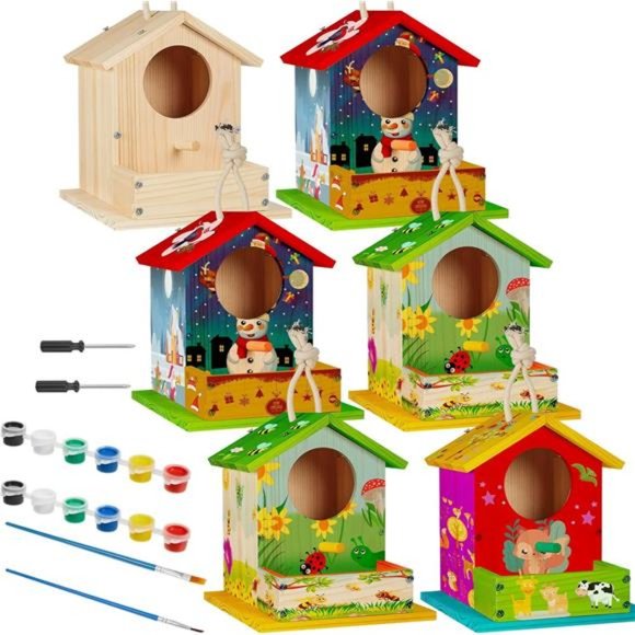 Art | 6 Sets Birdhouse Kit With Wood Painting Tools Rope Screws And ...